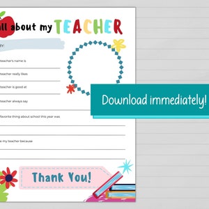Printable Teacher Appreciation Questionnaire | Instant Digital Download ...