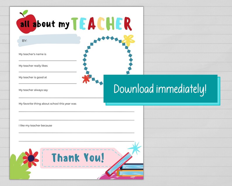 Printable Teacher Appreciation Questionnaire Instant Digital Download ...