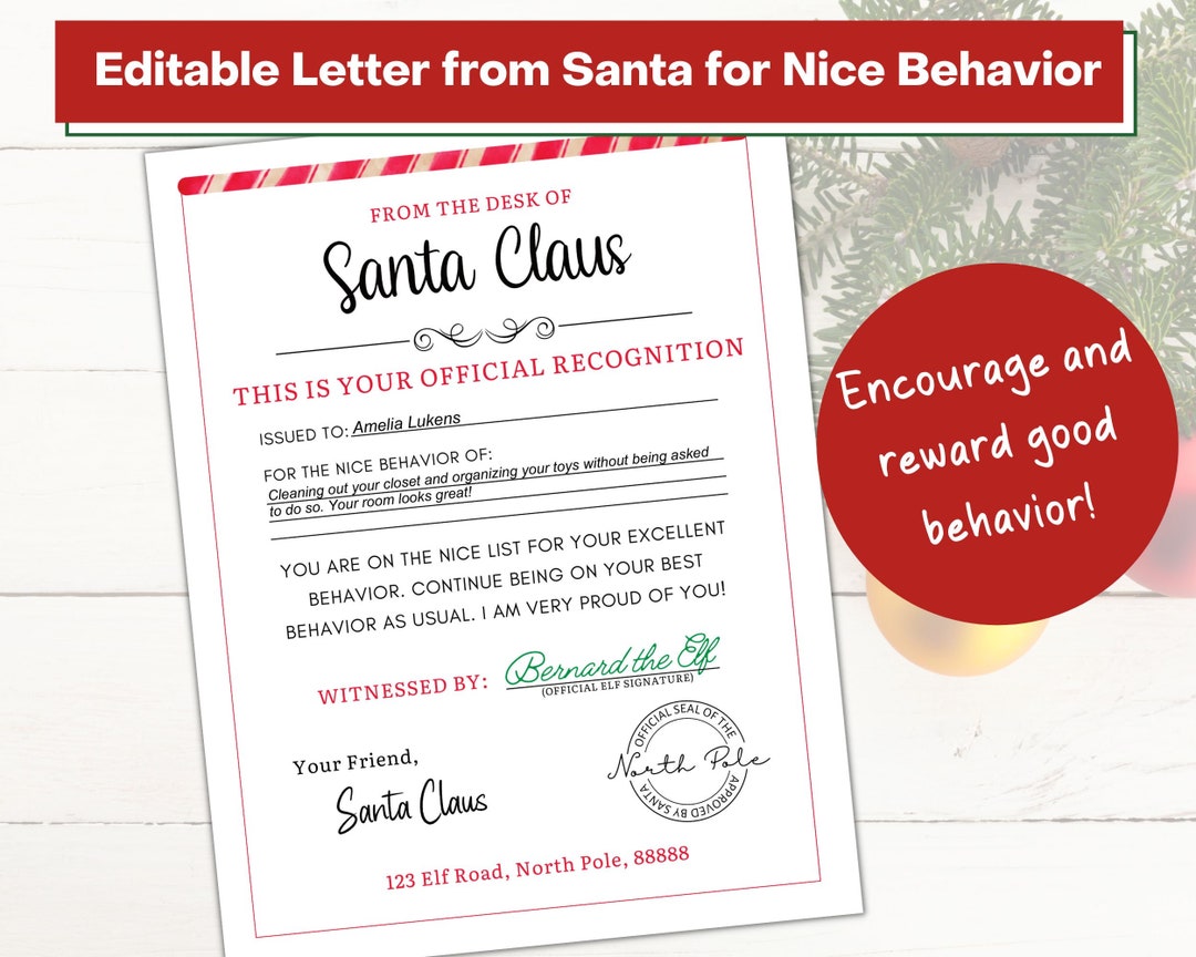 Letter From Santa: Nice Behavior Printable (editable PDF) - Etsy