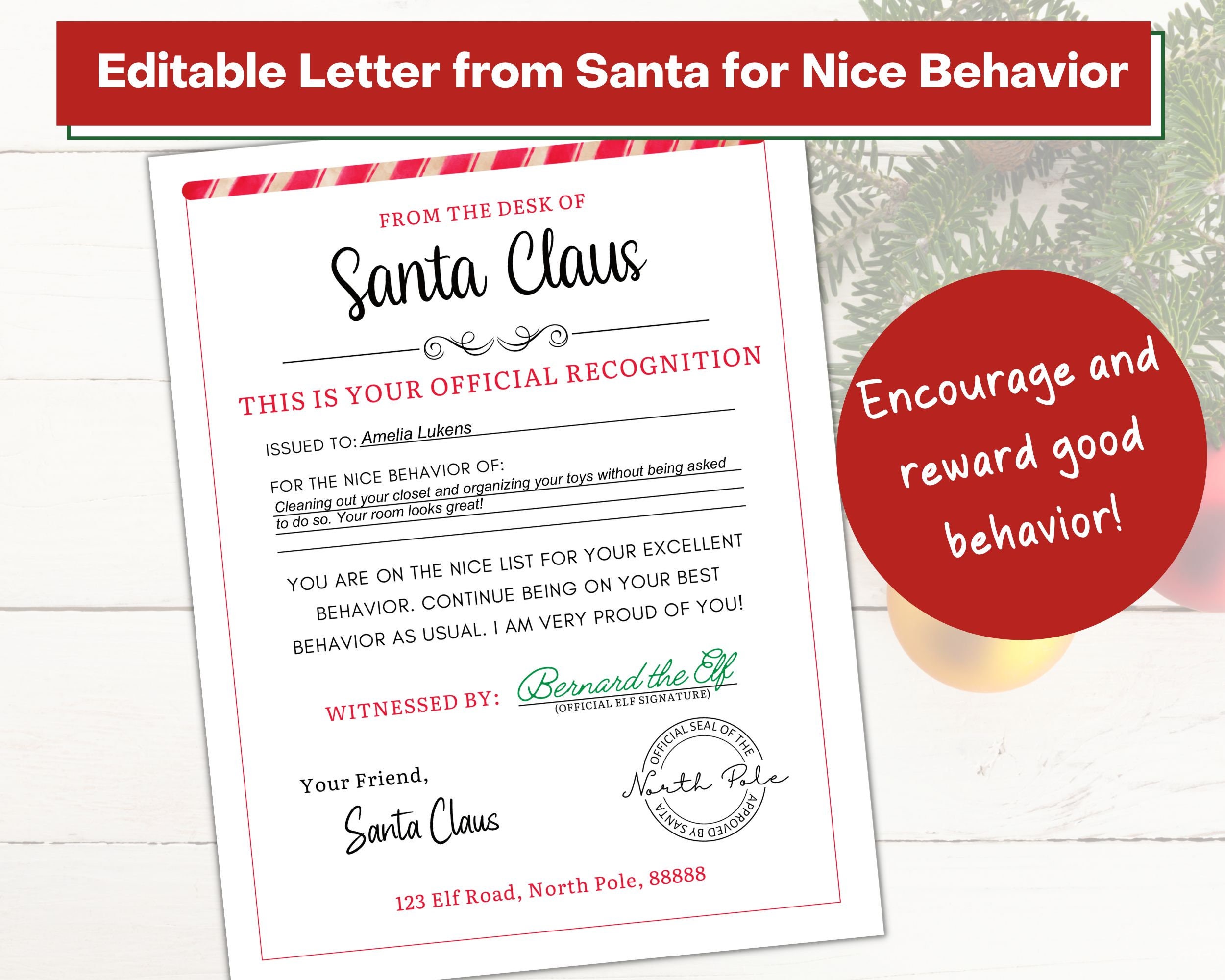 Letter From Santa for Nice List and Good Behavior Printable Nice List ...