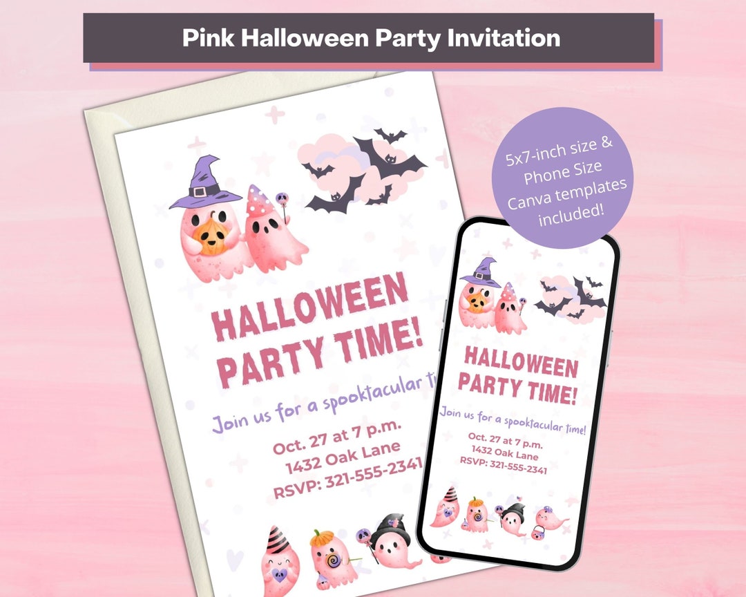 Pink Halloween Party Invitation Canva Template, Pink Ghosts, Family ...