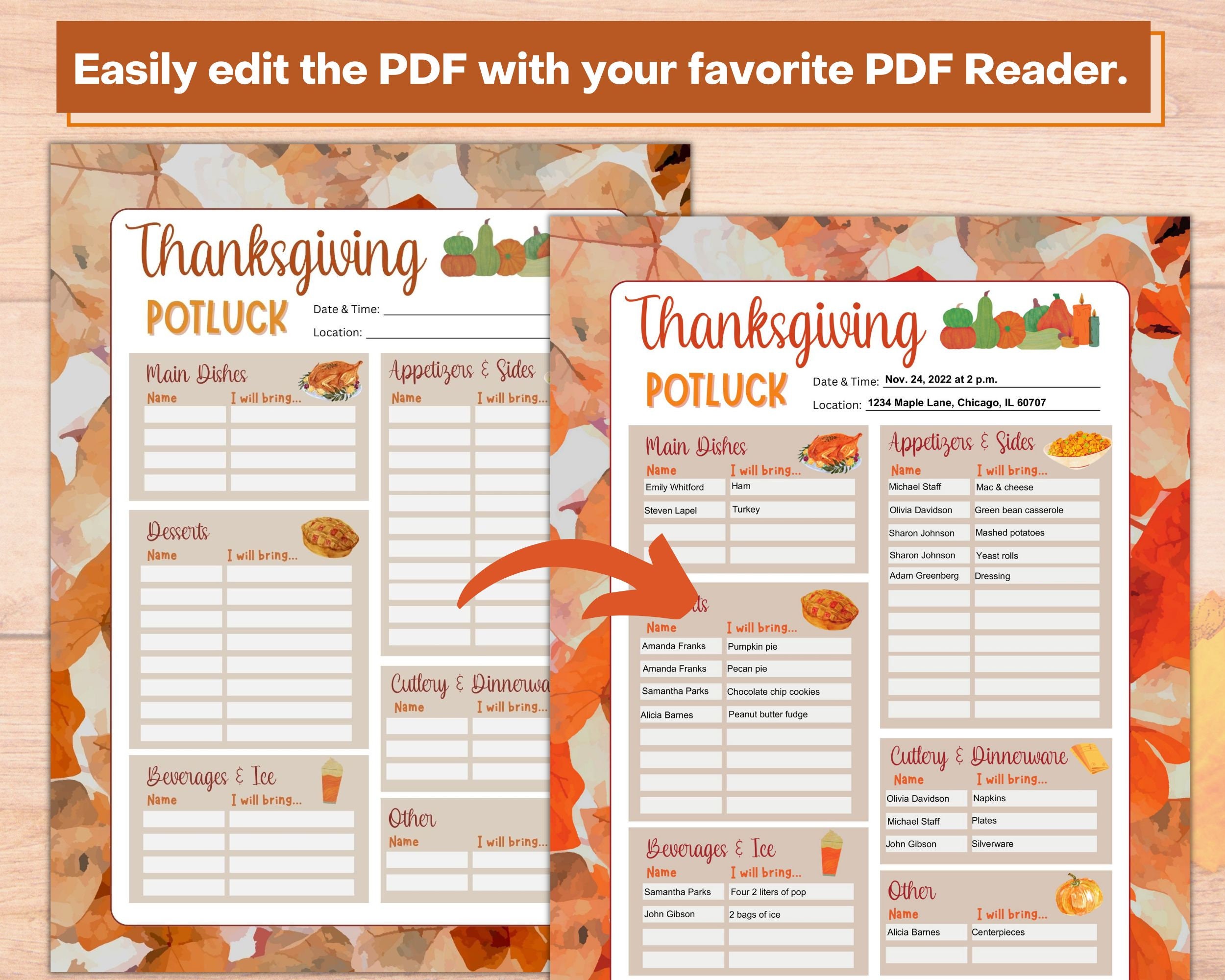 Thanksgiving Printable Potluck Sign-up Sheet | 8.5x11 Fillable PDF ...