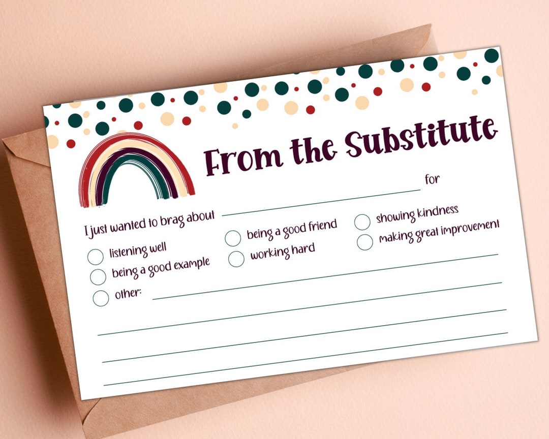 Boho Rainbow Substitute Teacher Note: Printable Brag Note (digital ...