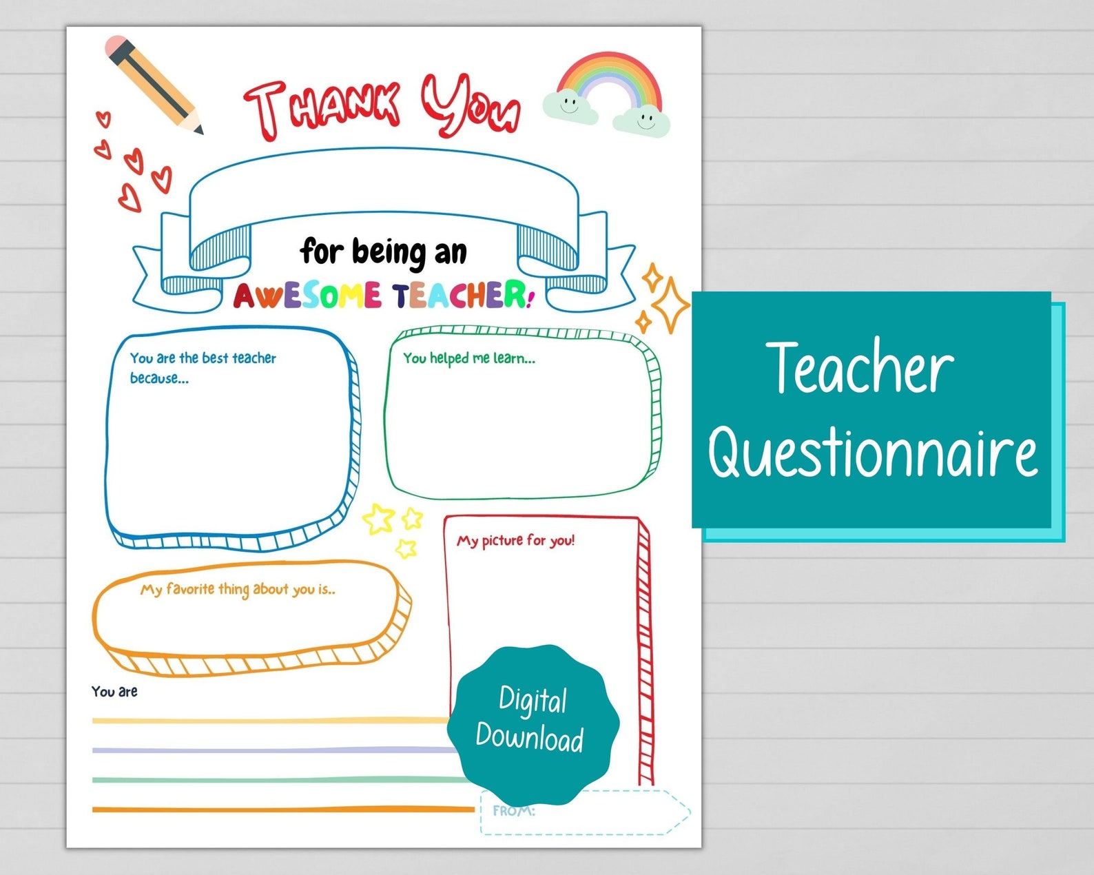 Printable Teacher Appreciation Questionnaire Instant Digital Download ...