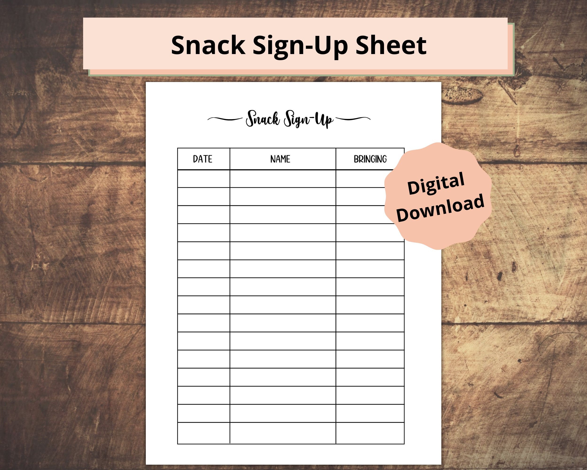 Snack Sign-up Sheet: Small Group & Sunday School (digital Download) - Etsy