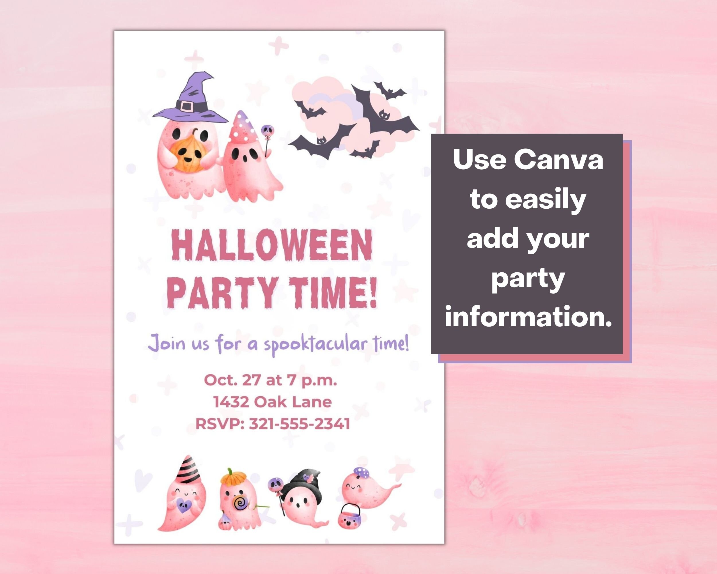 Pink Halloween Party Invitation Canva Template, Pink Ghosts, Family ...