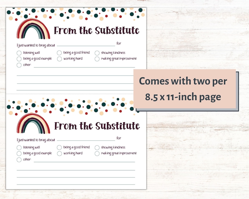 Boho Rainbow Substitute Teacher Note: Printable Brag Note (digital ...