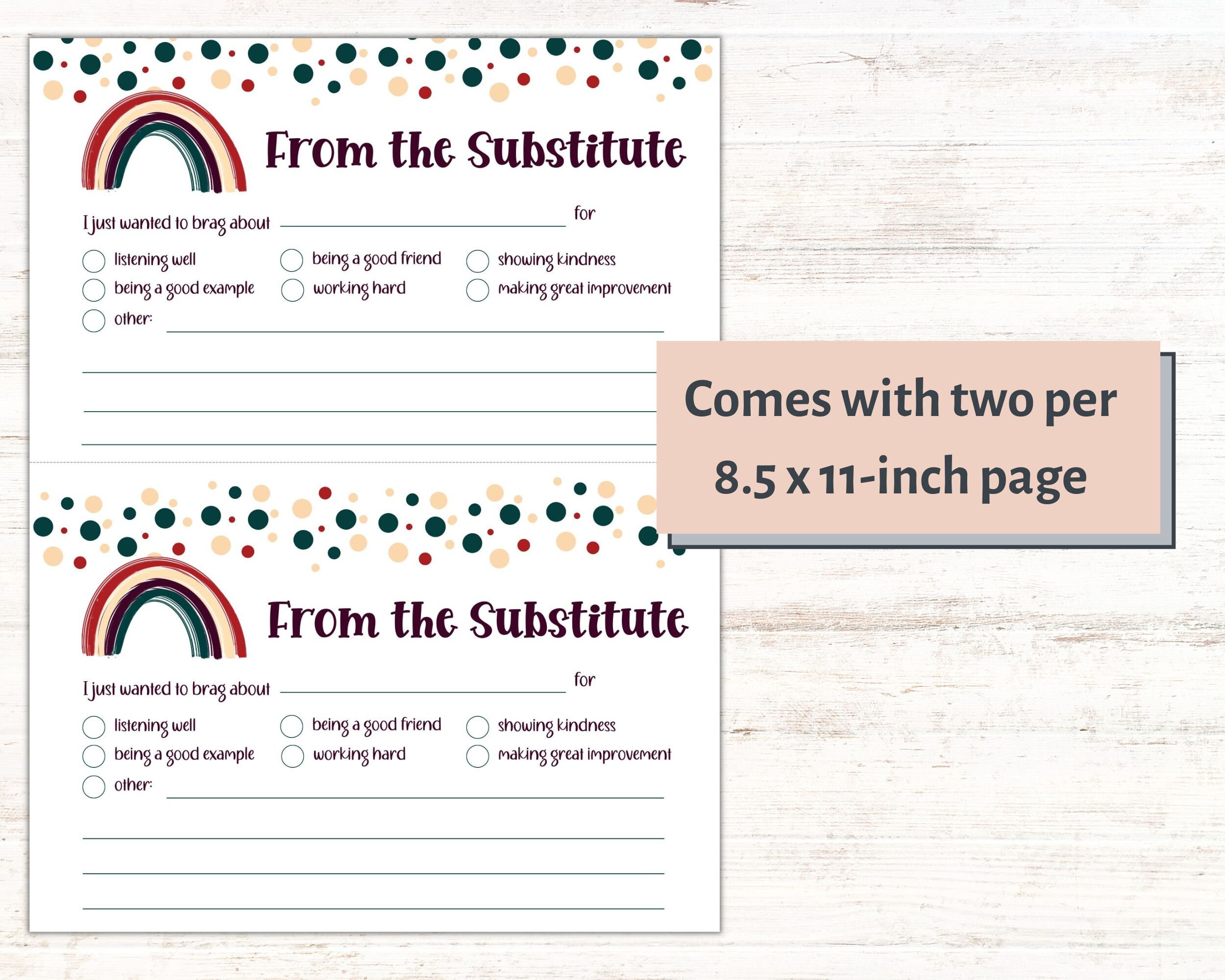 Boho Rainbow Substitute Teacher Note: Printable Brag Note (digital ...