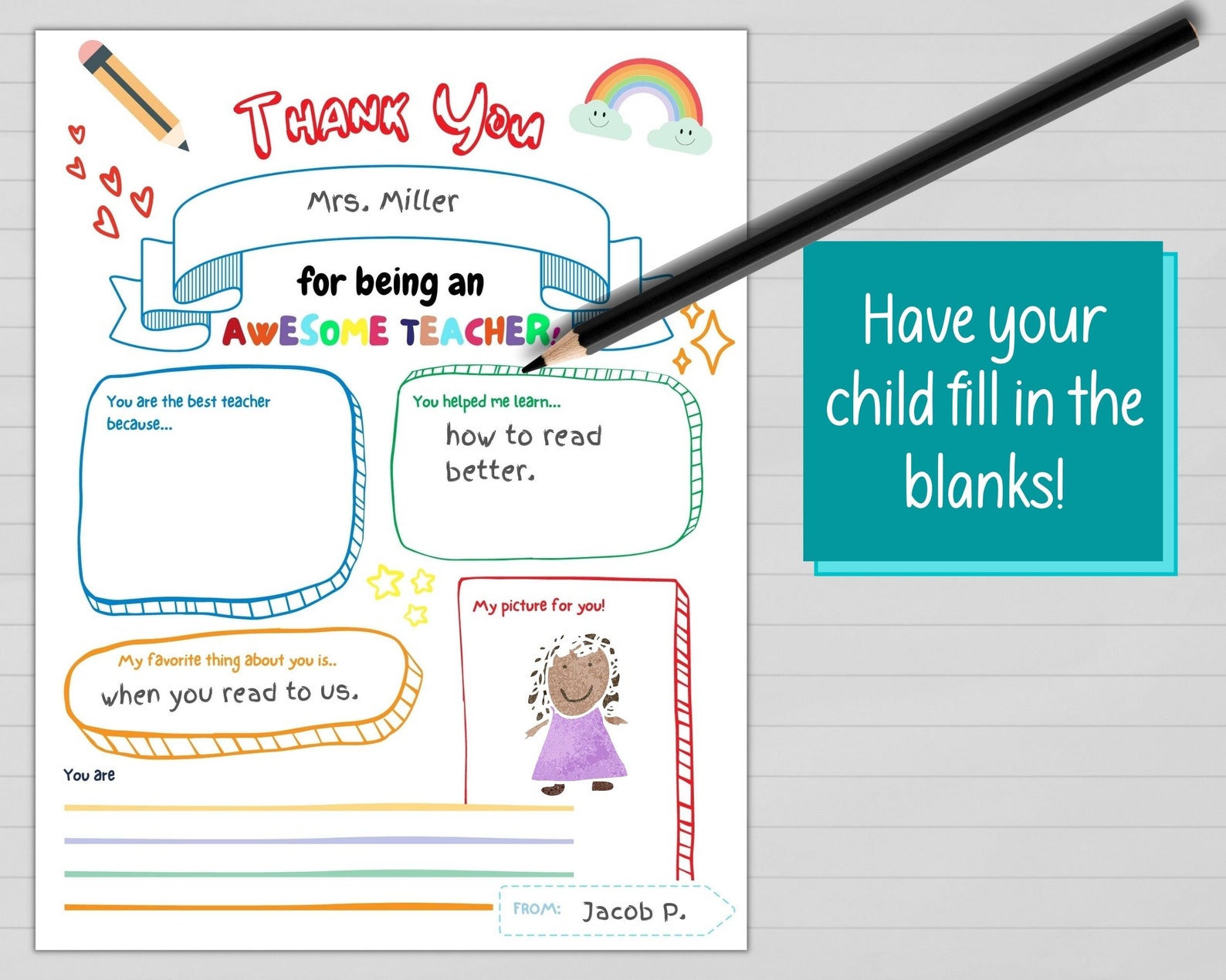 Printable Teacher Appreciation Questionnaire Instant Digital Download ...