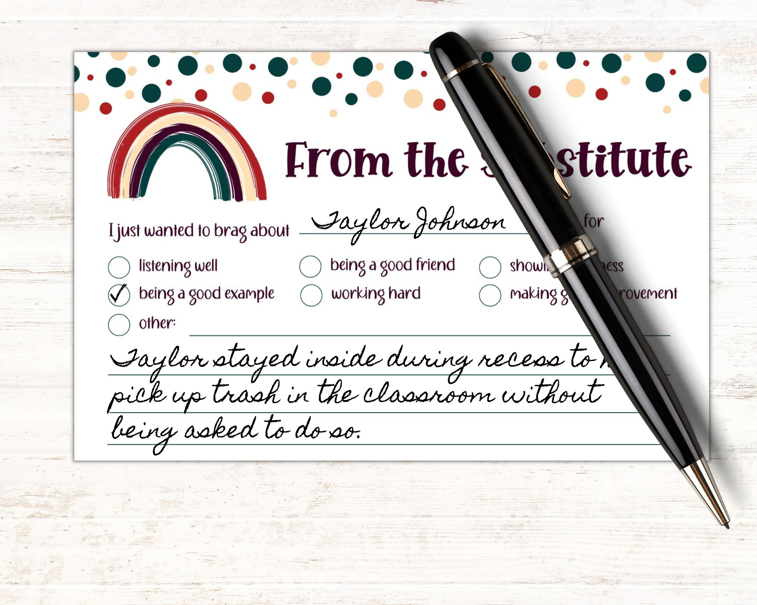 Boho Rainbow Substitute Teacher Note: Printable Brag Note (digital ...