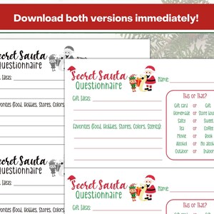 Secret Santa Questionnaire Printable: Gift Wishlist Form (digital ...