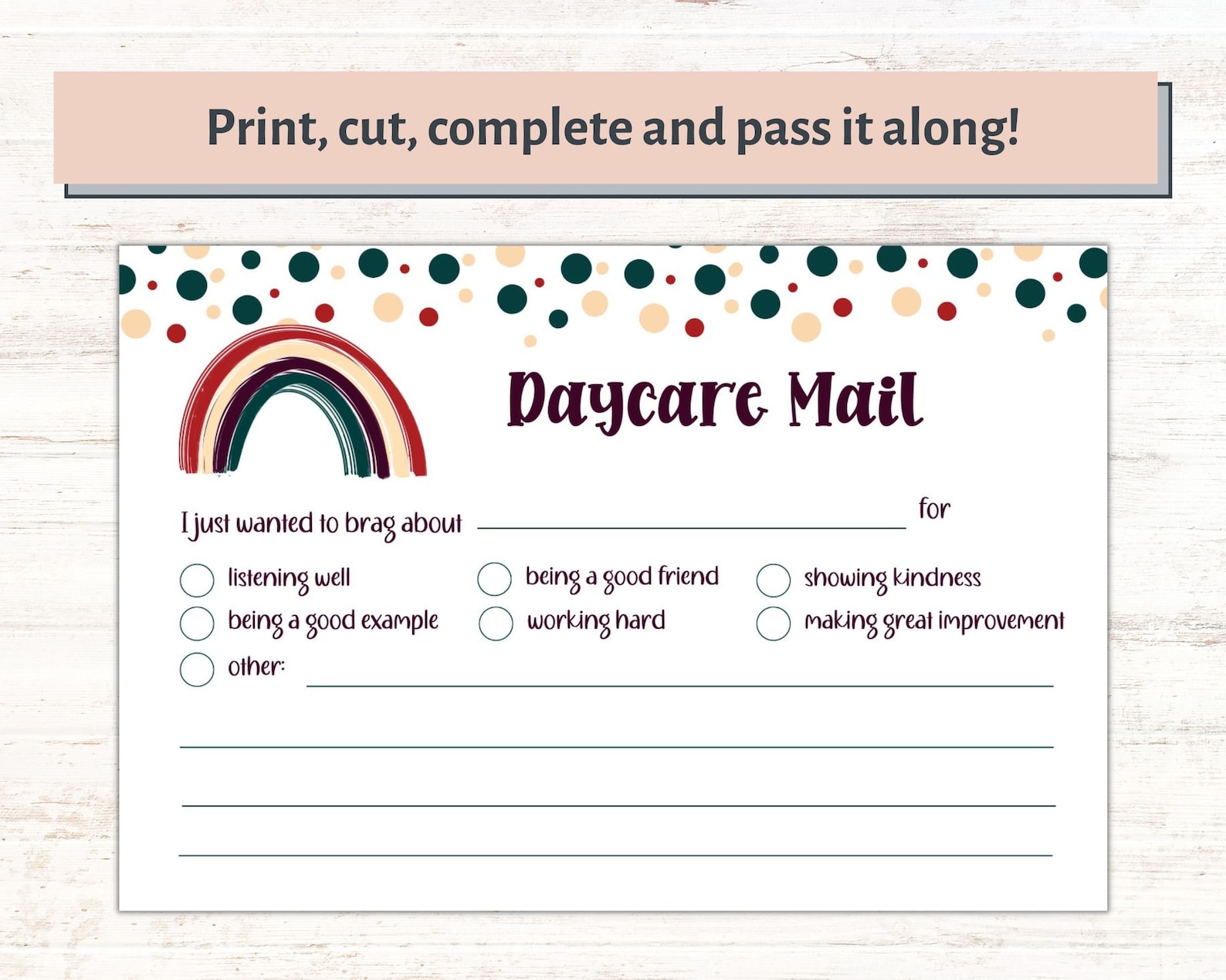Daycare Note Printable Daycare Mail Boho Daycare Brag Card Daycare ...