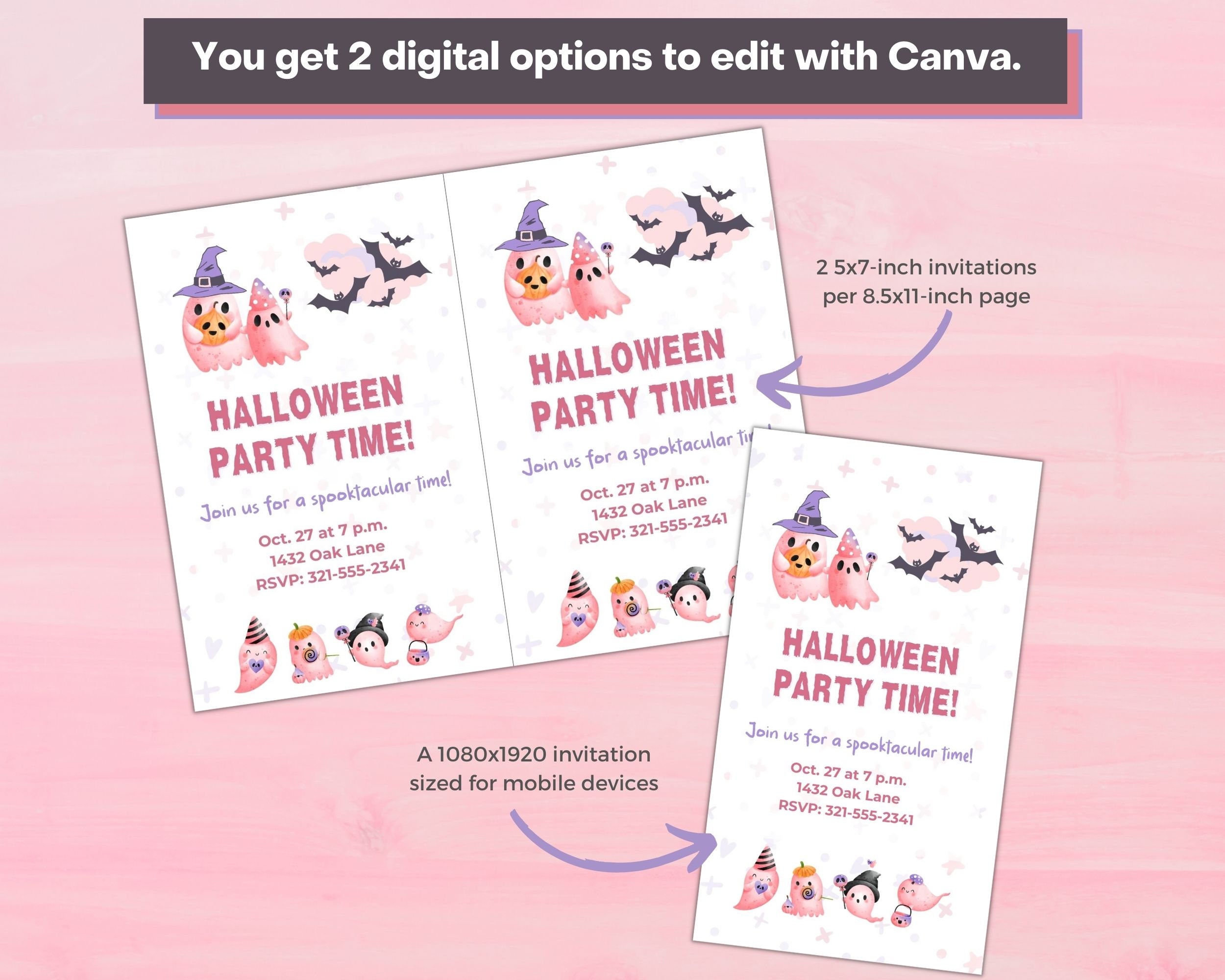 Pink Halloween Party Invitation Canva Template, Pink Ghosts, Family ...