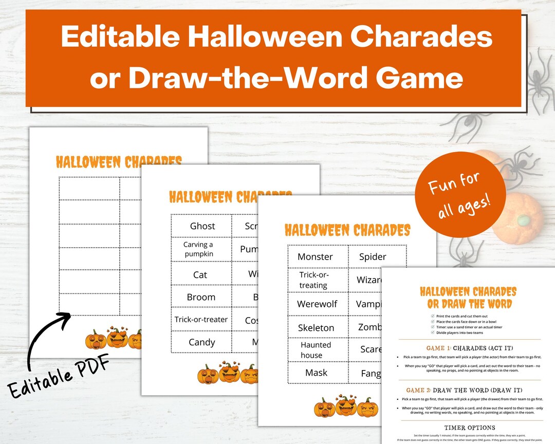 Editable Halloween Charades Printable Halloween Games - Etsy