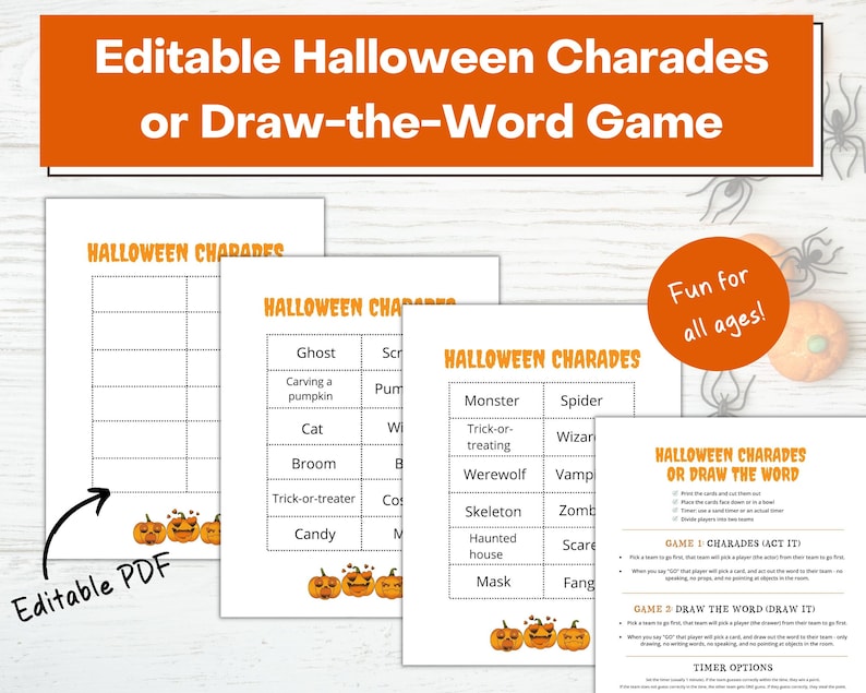 Editable Halloween Charades Printable Halloween Games - Etsy