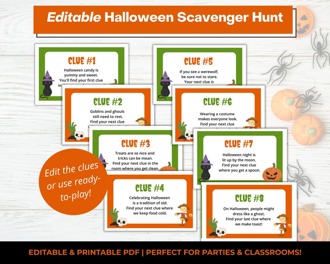 Halloween Scavenger Hunt Printable: Kids' Game, Treasure Hunt Clues ...