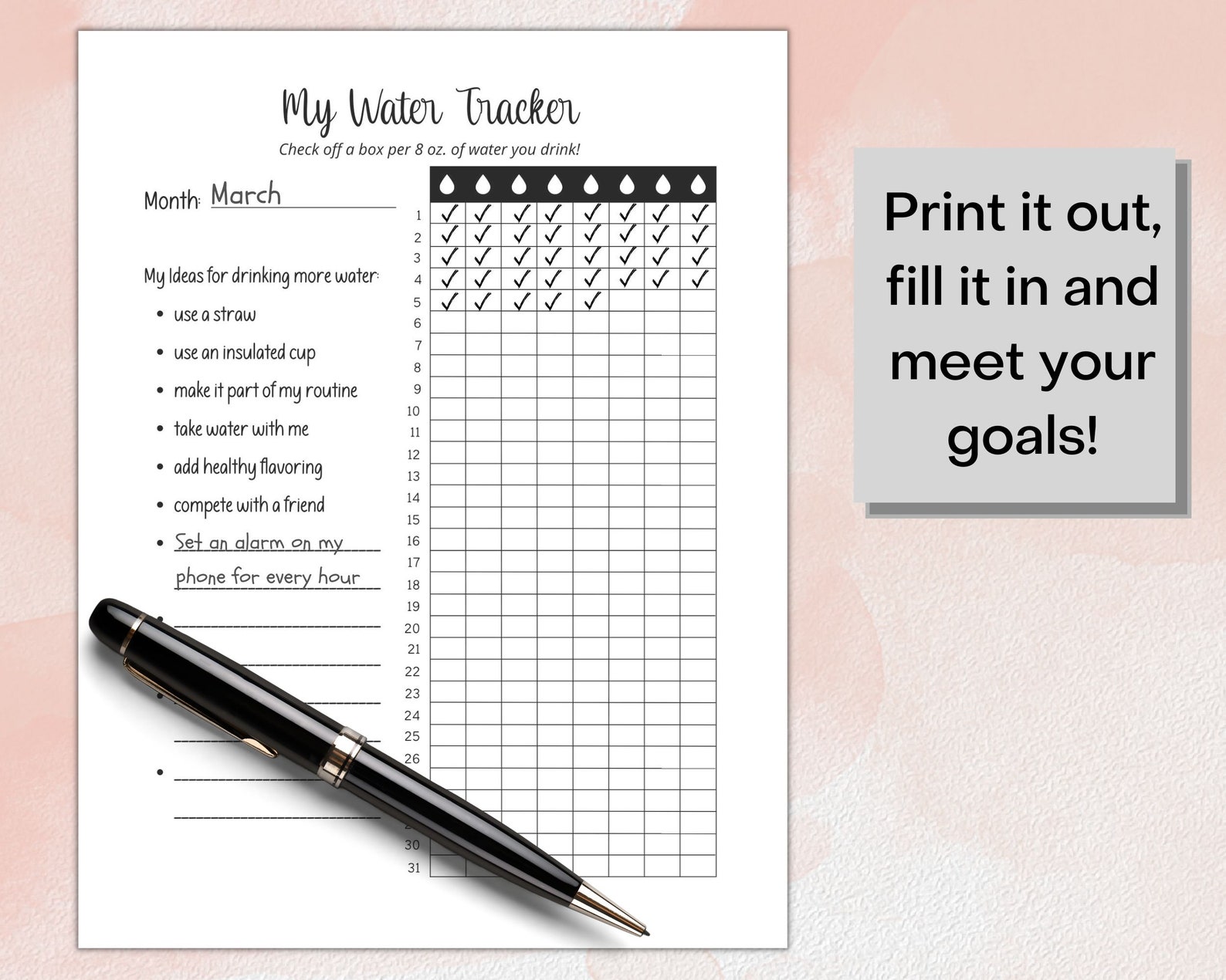 Daily Water Tracker Printable | Water Intake Tracker | Health and ...