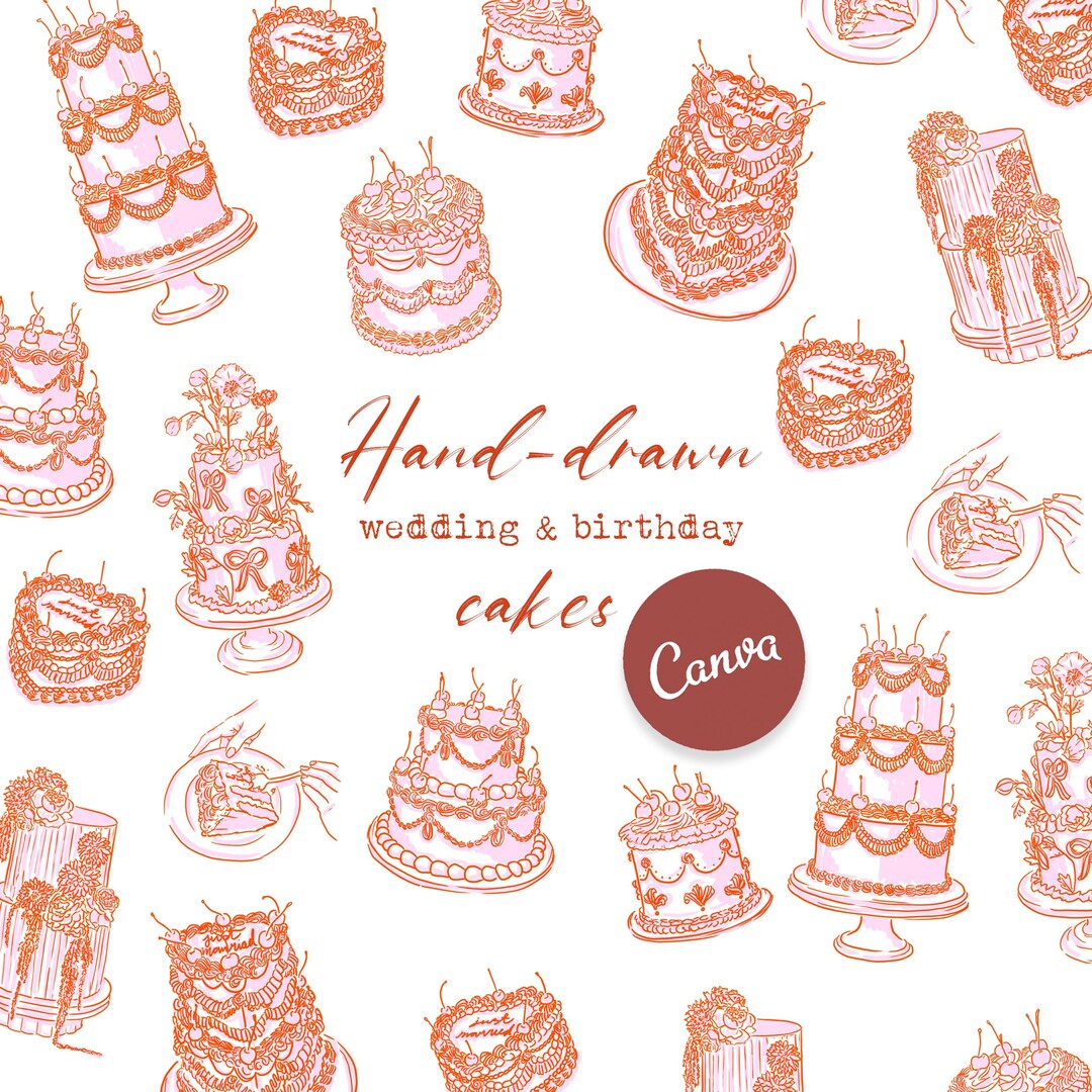 Wedding & Birthday Cake Doodles for Canva | Hand Drawn Illustrations ...