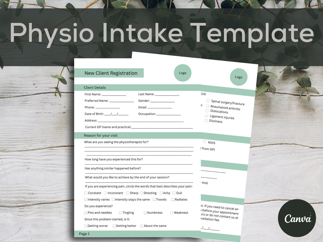 Physiotherapy Intake Form (editable) - Etsy