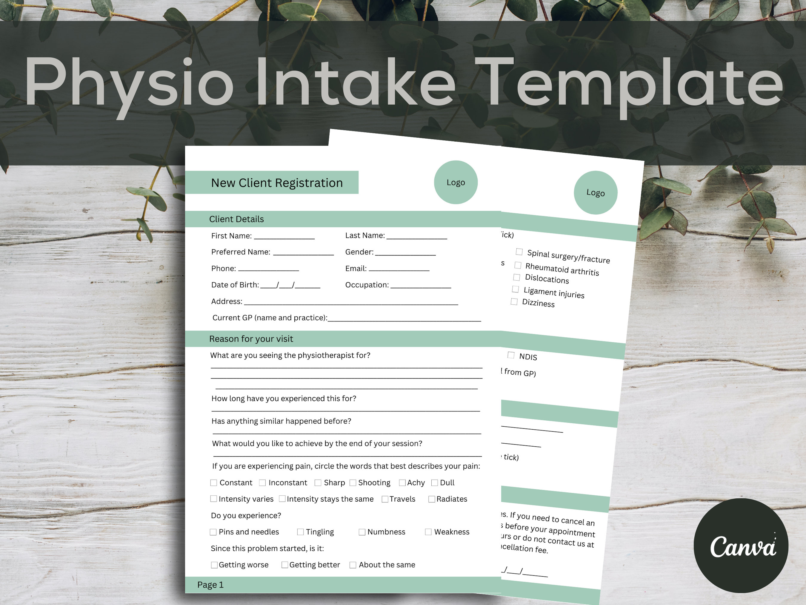 Physiotherapy Intake Form (editable) - Etsy