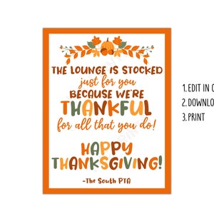 Editable Thanksgiving Teacher Lounge Sign, Lounge Stocked Sign ...