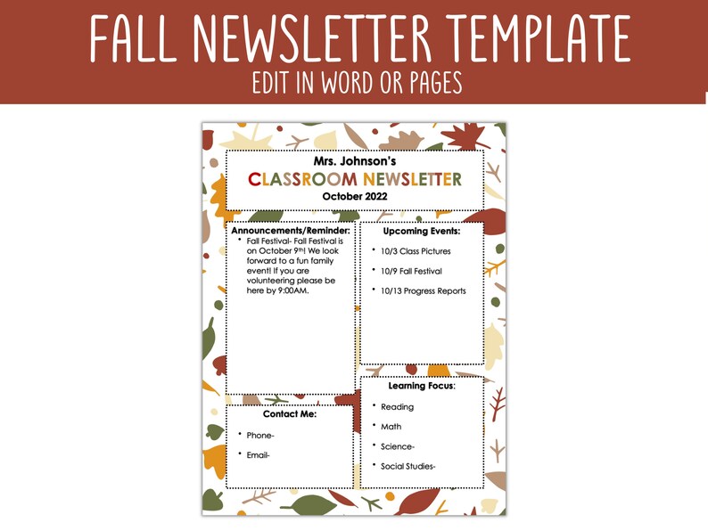 Editable Fall Classroom Newsletter Template, Teacher Newsletter ...