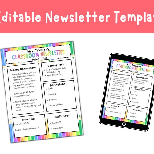 Editable Classroom Newsletter Template Teacher Newsletter - Etsy