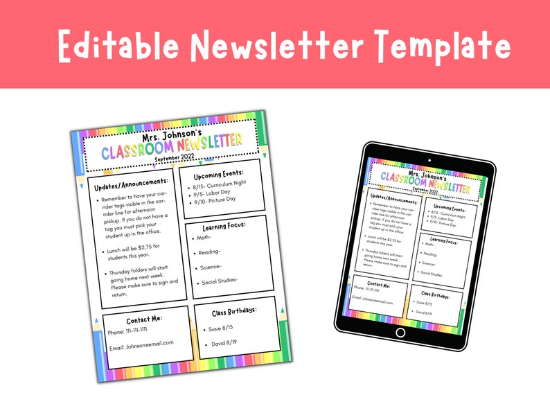 Editable Classroom Newsletter Template, Teacher Newsletter Template ...