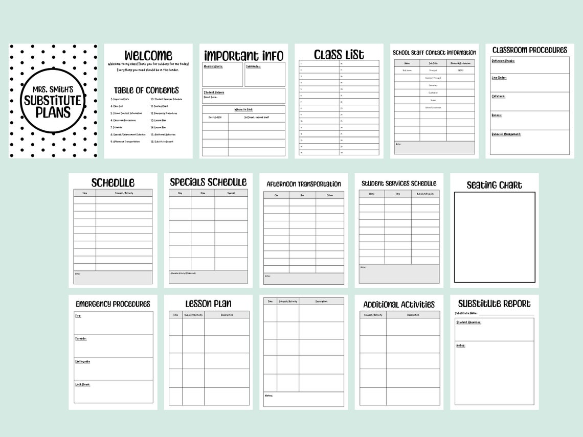 Editable Substitute Teacher Binder Template Sub Binder - Etsy