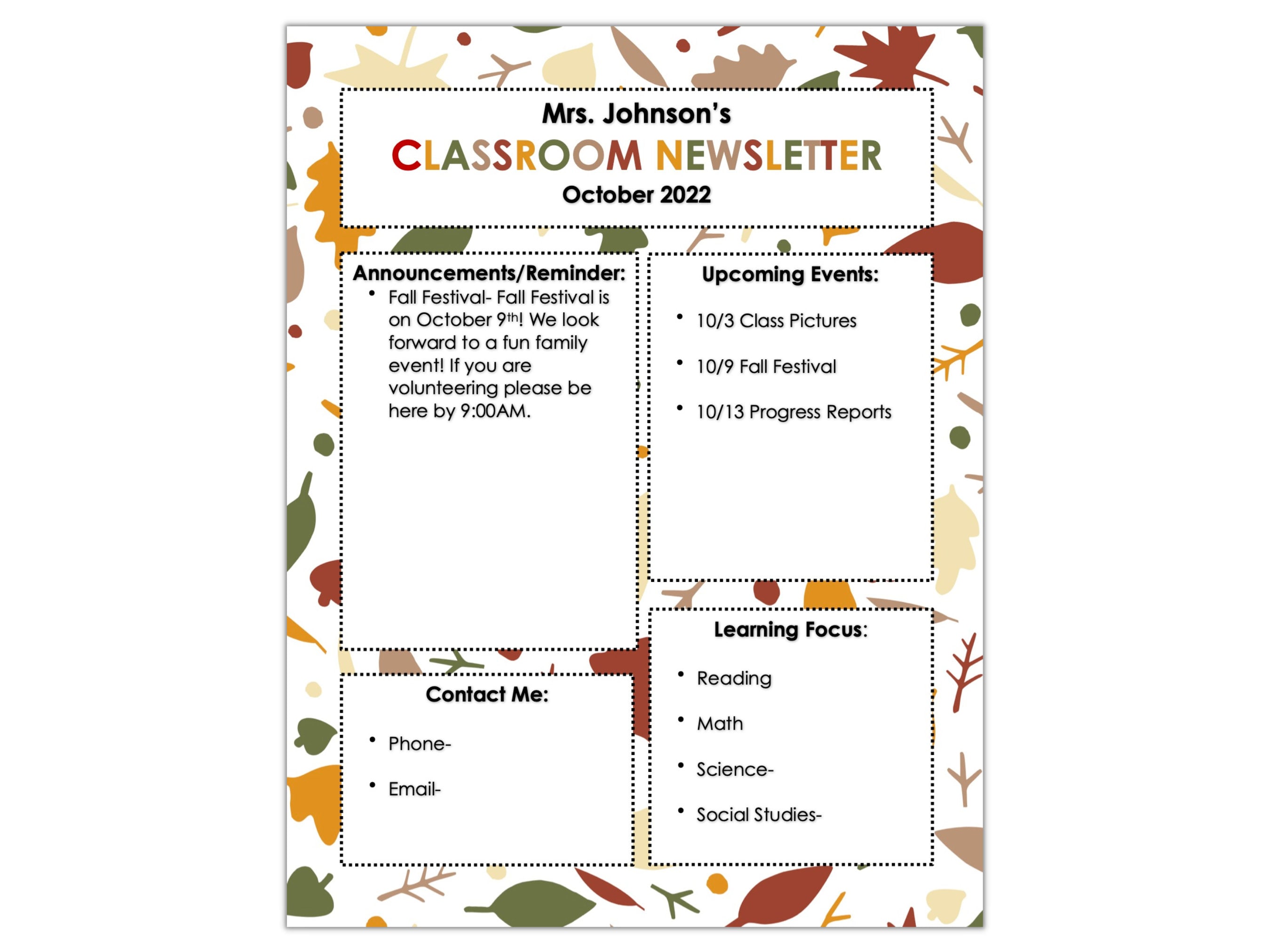 Editable Fall Classroom Newsletter Template, Teacher Newsletter ...