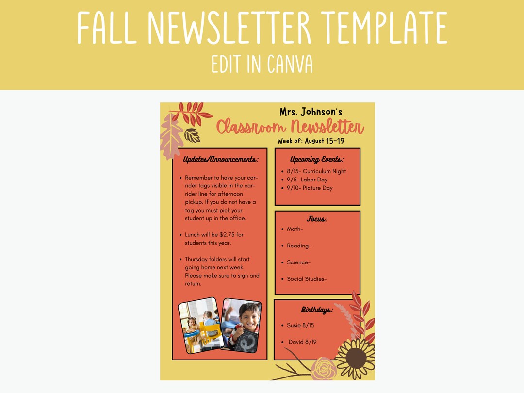 Fall Theme Classroom Newsletter Template - Etsy