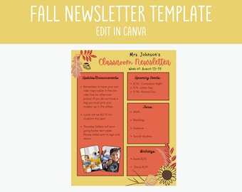 EDITABLE Fall Classroom Newsletter Teacher Newsletter Template Fall ...