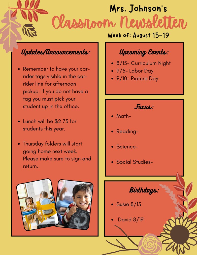 Fall Theme Classroom Newsletter Template - Etsy