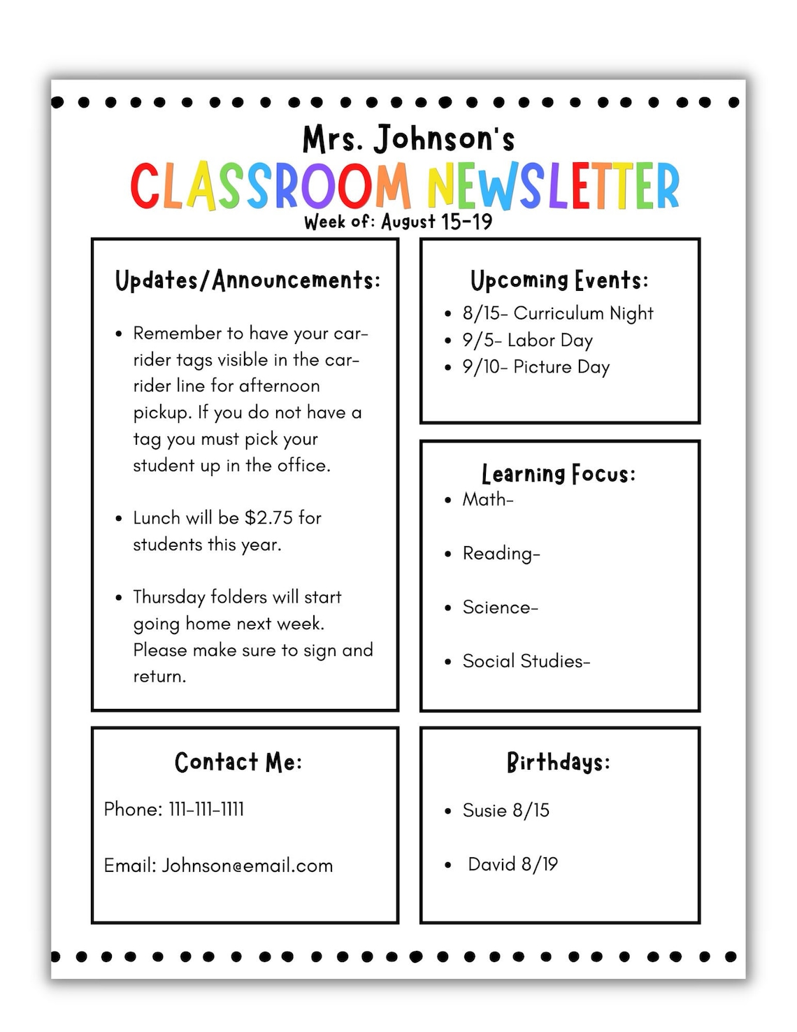 Editable Classroom Newsletter Template- Teacher Newsletter Template - Etsy