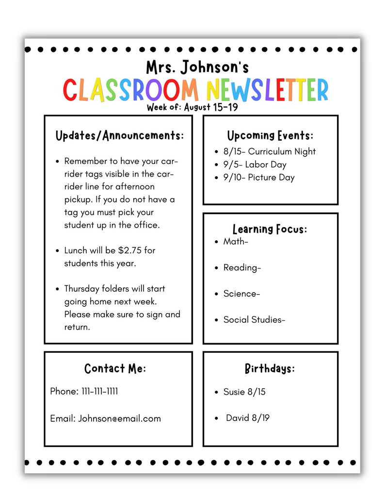 Editable Classroom Newsletter Template Teacher Newsletter - Etsy