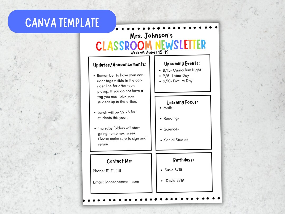 Editable Classroom Newsletter Template- Teacher Newsletter Template - Etsy
