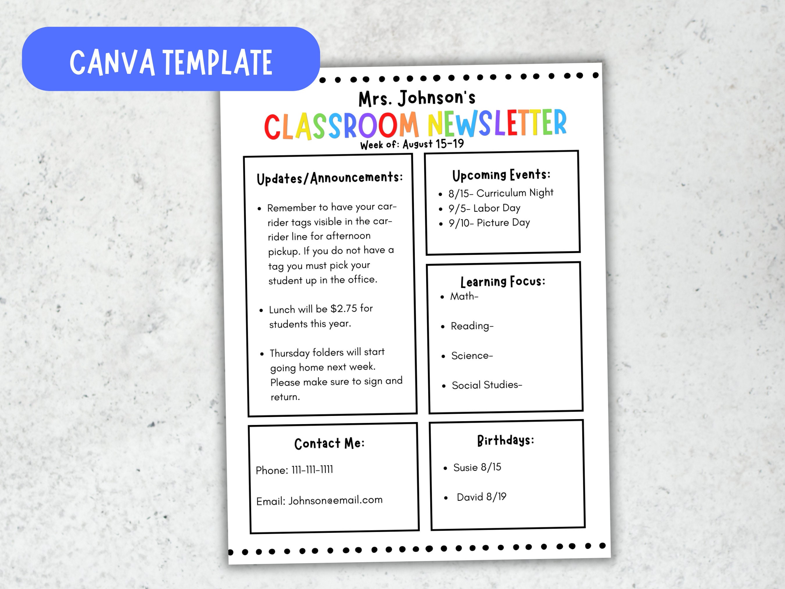 Editable Classroom Newsletter Template- Teacher Newsletter Template - Etsy