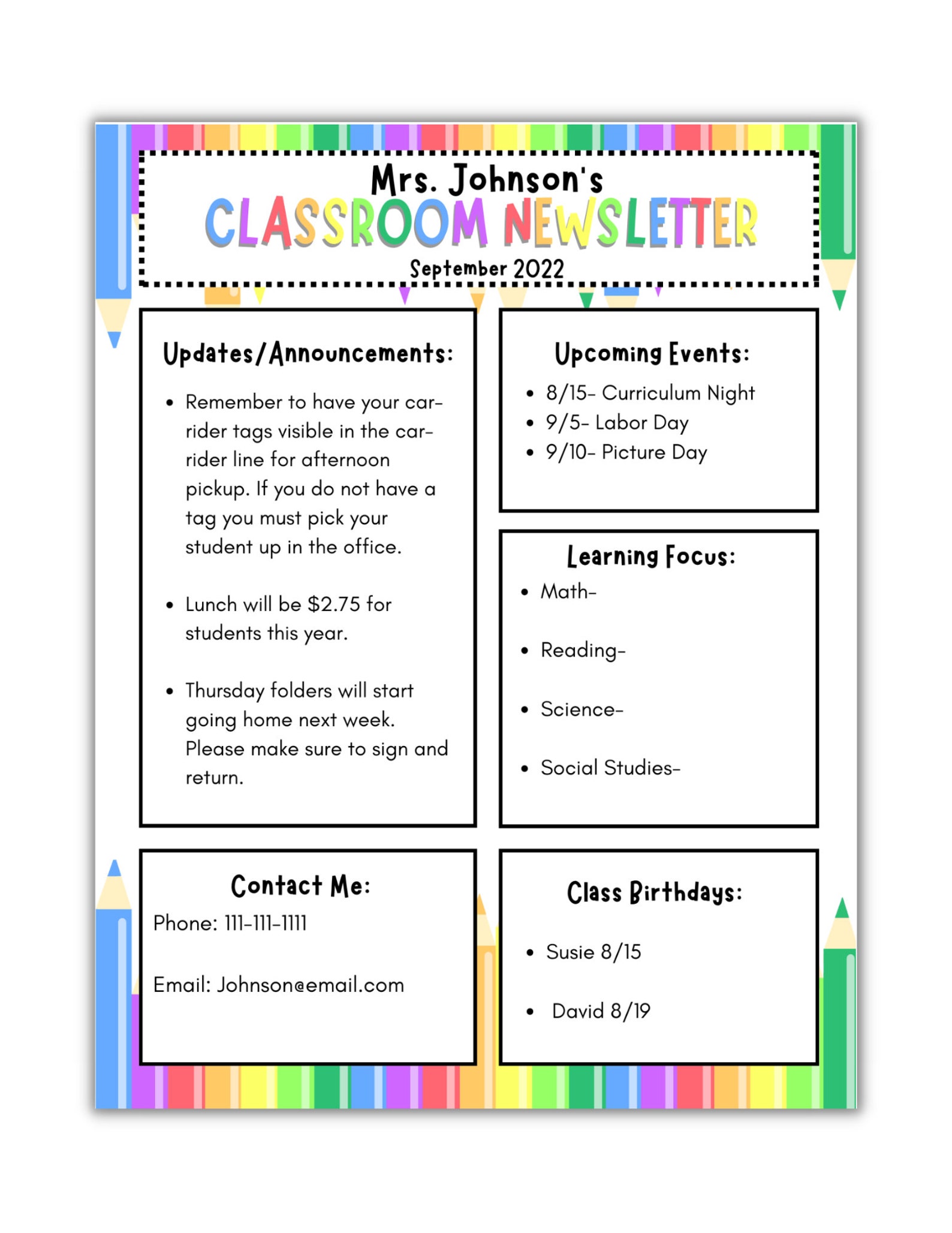 Editable Classroom Newsletter Template, Teacher Newsletter Template ...