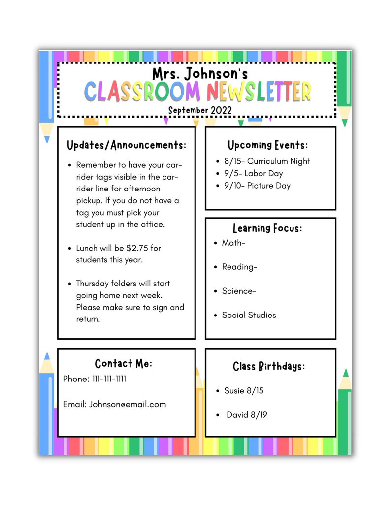 Editable Classroom Newsletter Template, Teacher Newsletter Template ...