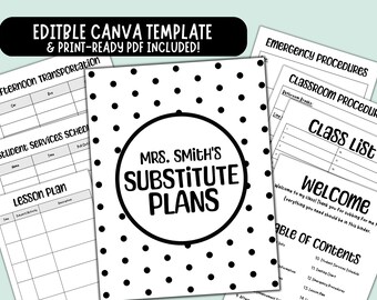 Editable Substitute Binder, Printable Substitute Template, Digital Sub Plans, While You Where ...
