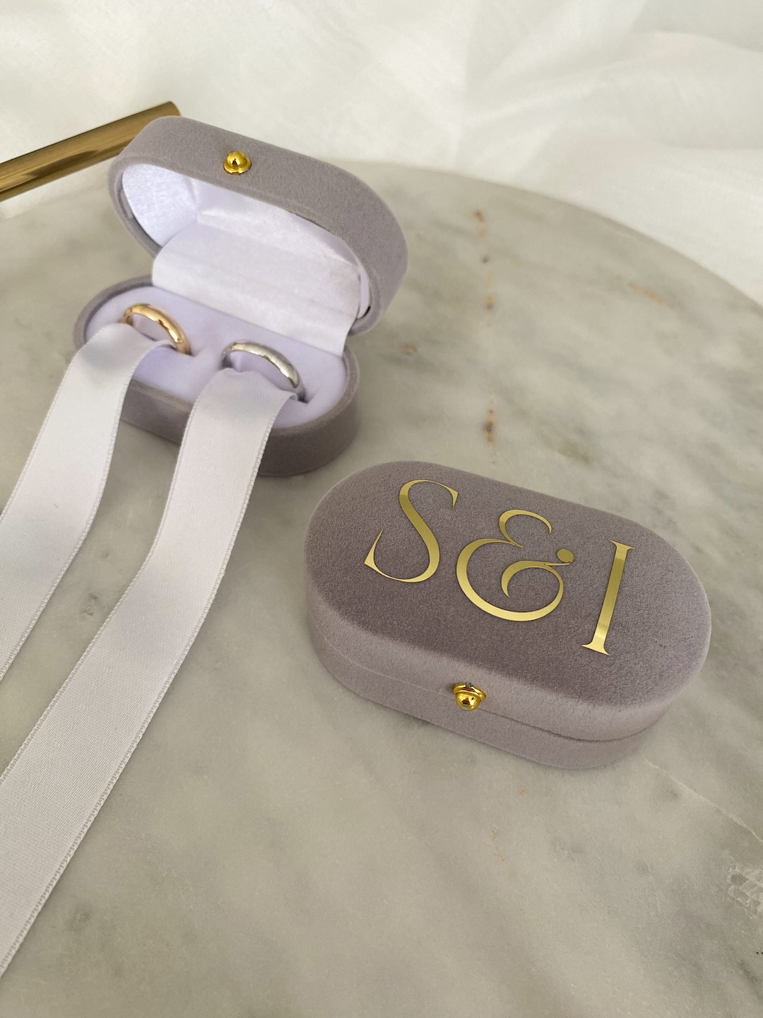 Gray Velvet Ring Box With Golden Details Space for Two Wedding Rings - Etsy