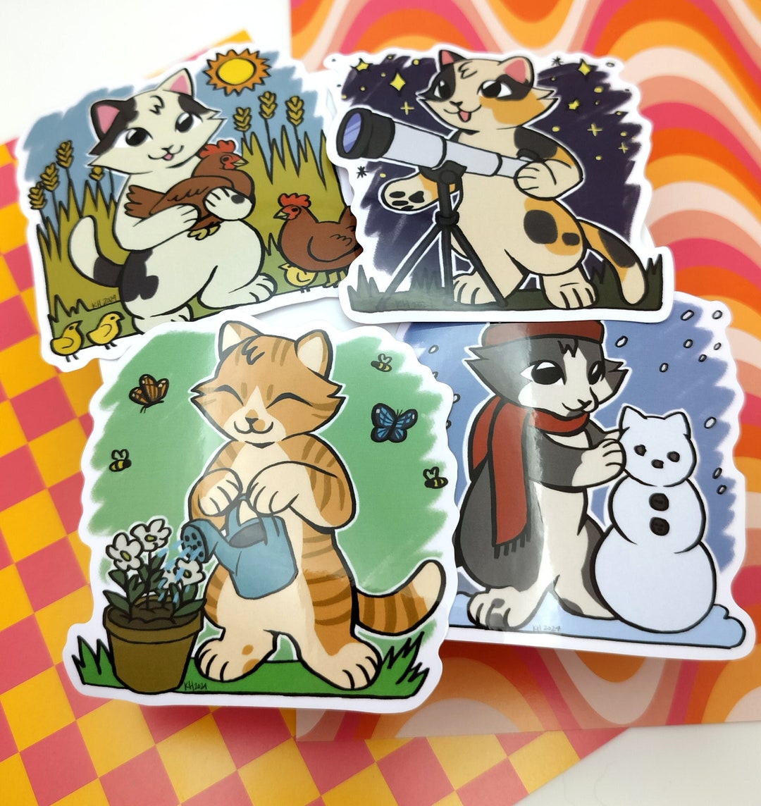 Cute Chibi Cat Stickers Season Stickers, Spring, Summer, Autumn Fall ...