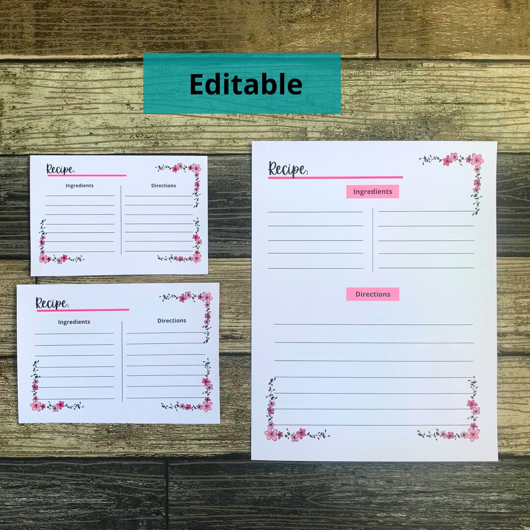 Pink Flowers Recipe Cards: Editable OR Print as Is - Etsy