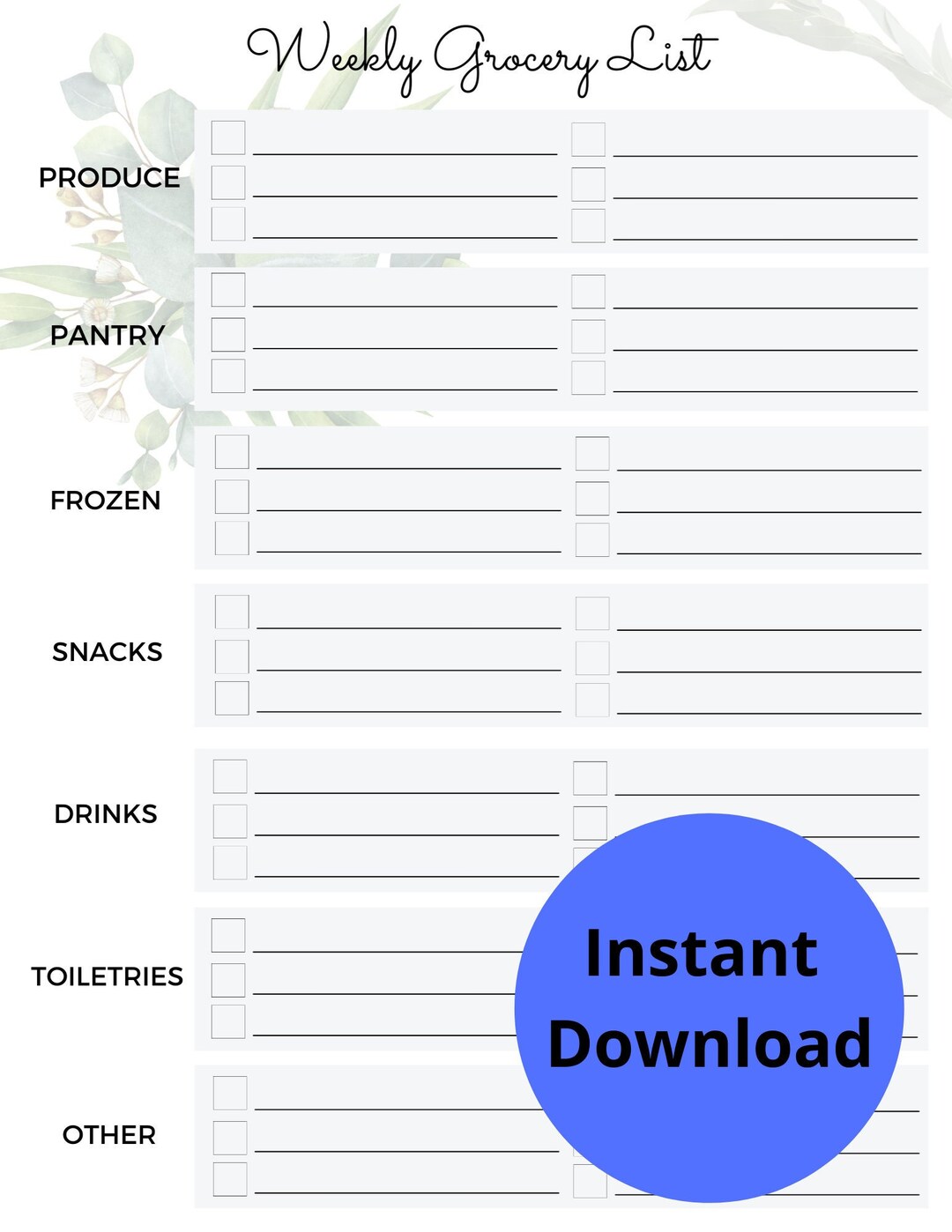 Weekly Grocery List - Simple Floral Design - Digital Download - Etsy