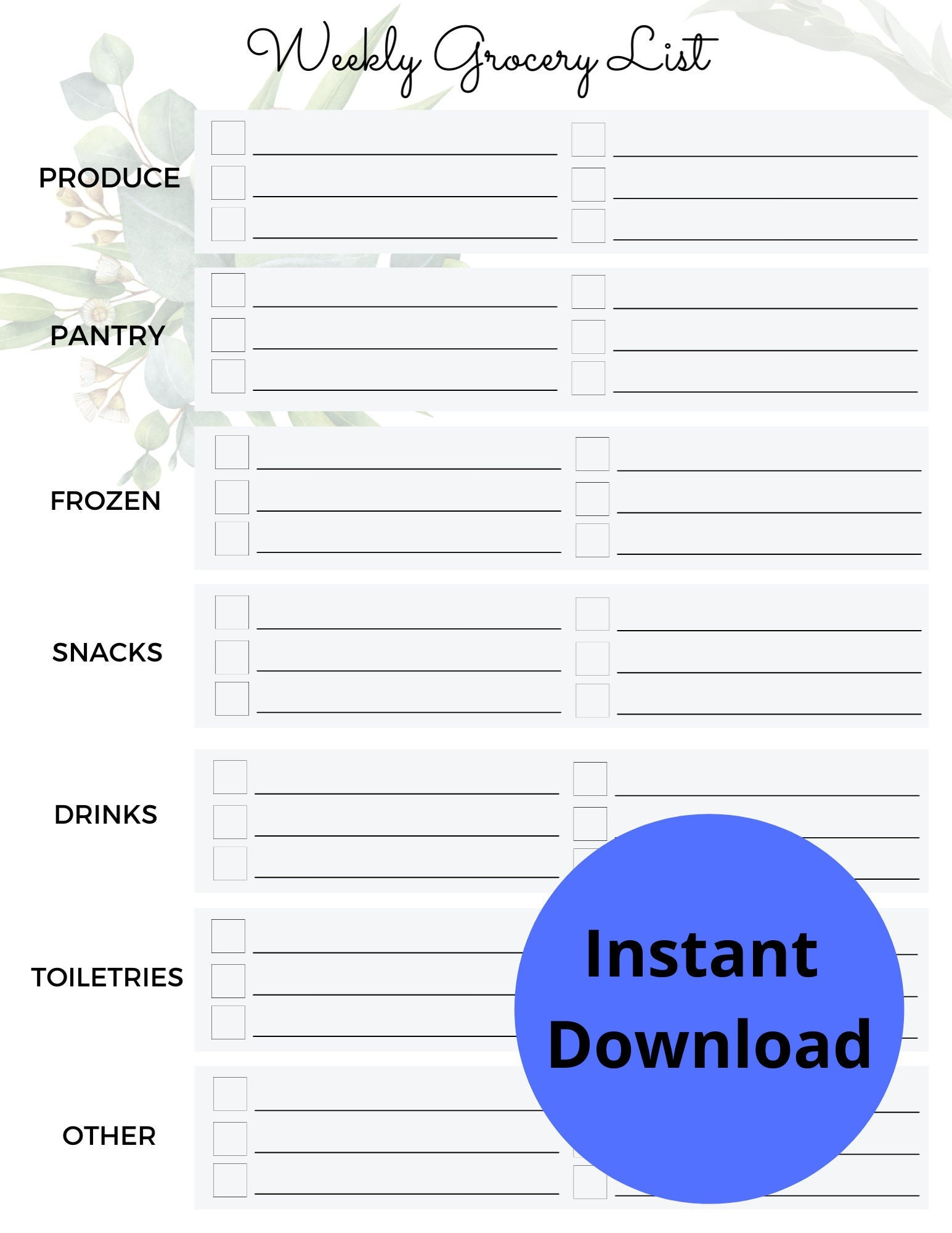 Weekly Grocery List - Simple Floral Design - Digital Download - Etsy