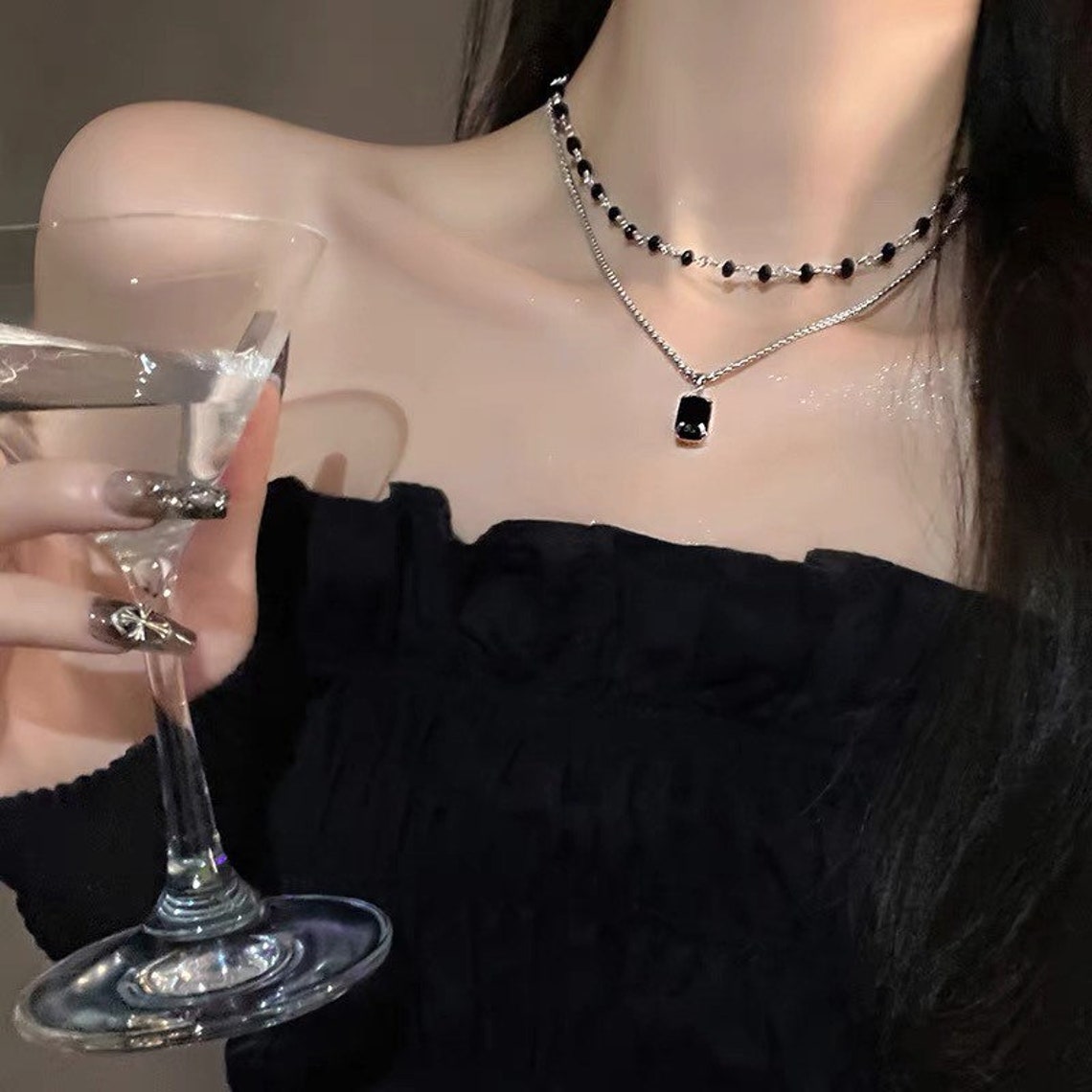 Layered Black Beaded Chain Necklace Accessories for Her - Etsy