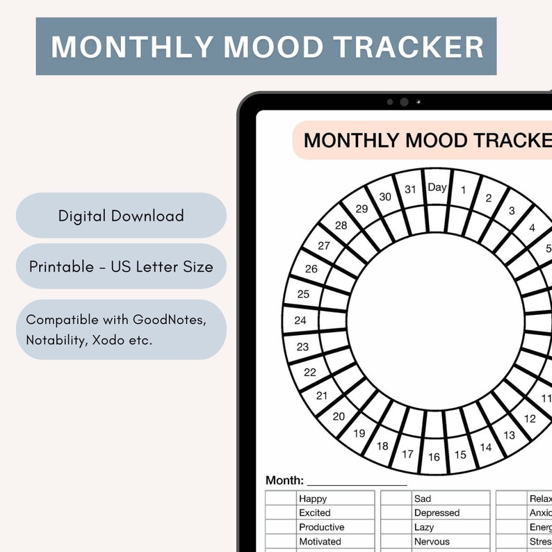 PRINTABLE - Monthly Mood Tracker Template, Goodnotes Tracker Templates ...