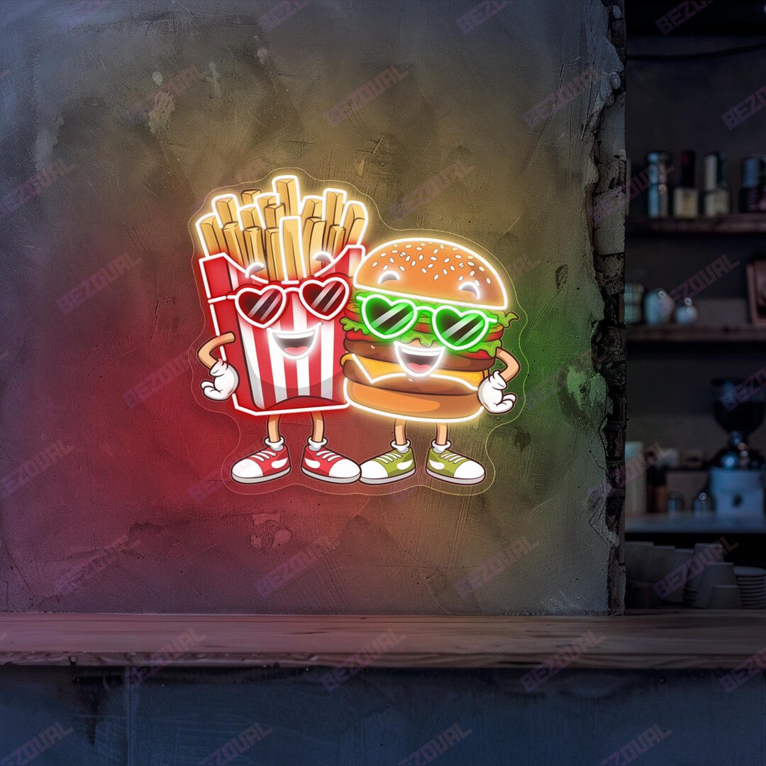 Burger and Fries Neon Sign Fries Hamburger Sign Restaurant LED Lights ...