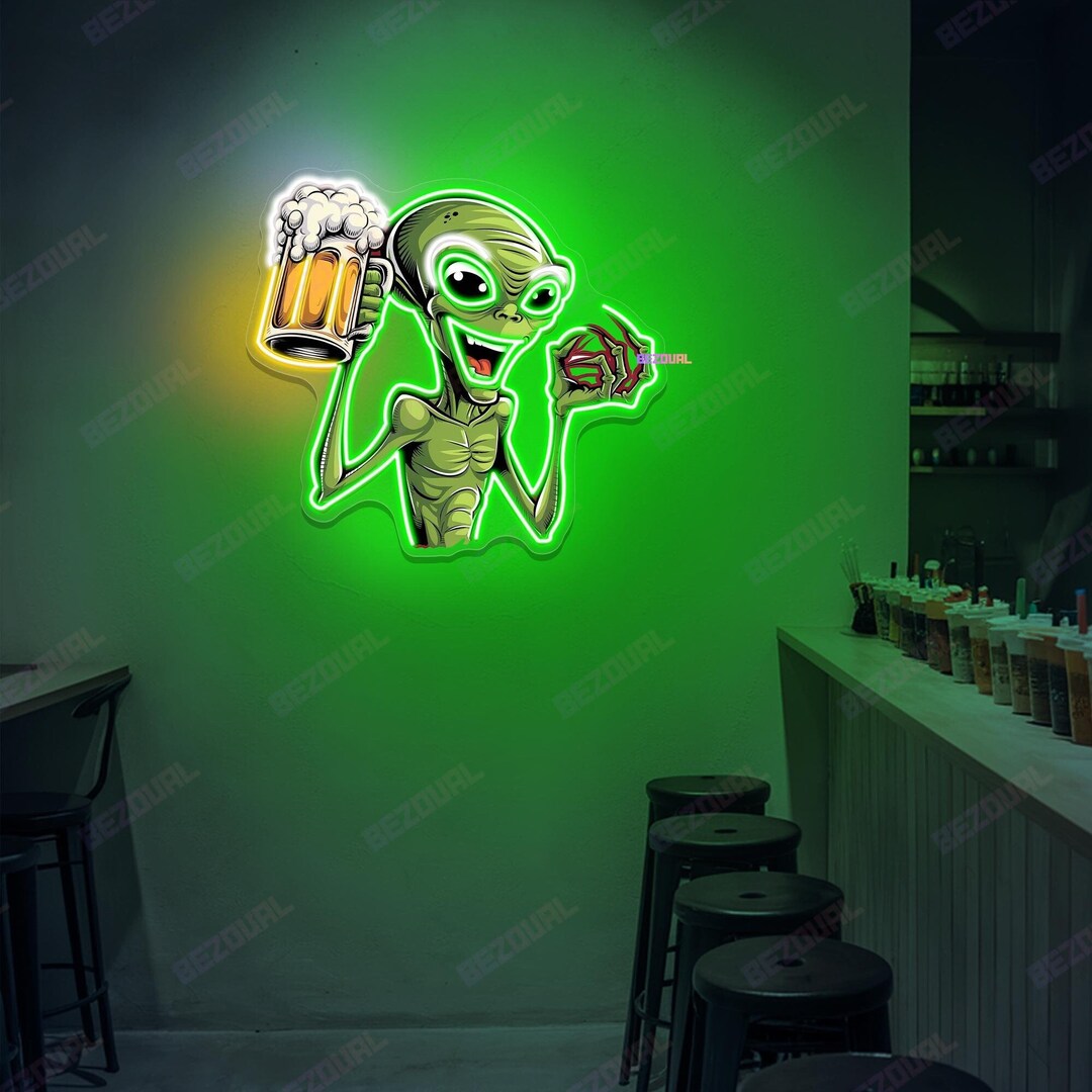 Alien Beer Neon Sign Alien Neon Light Bar Pug Neon Sign Alien Drinking ...