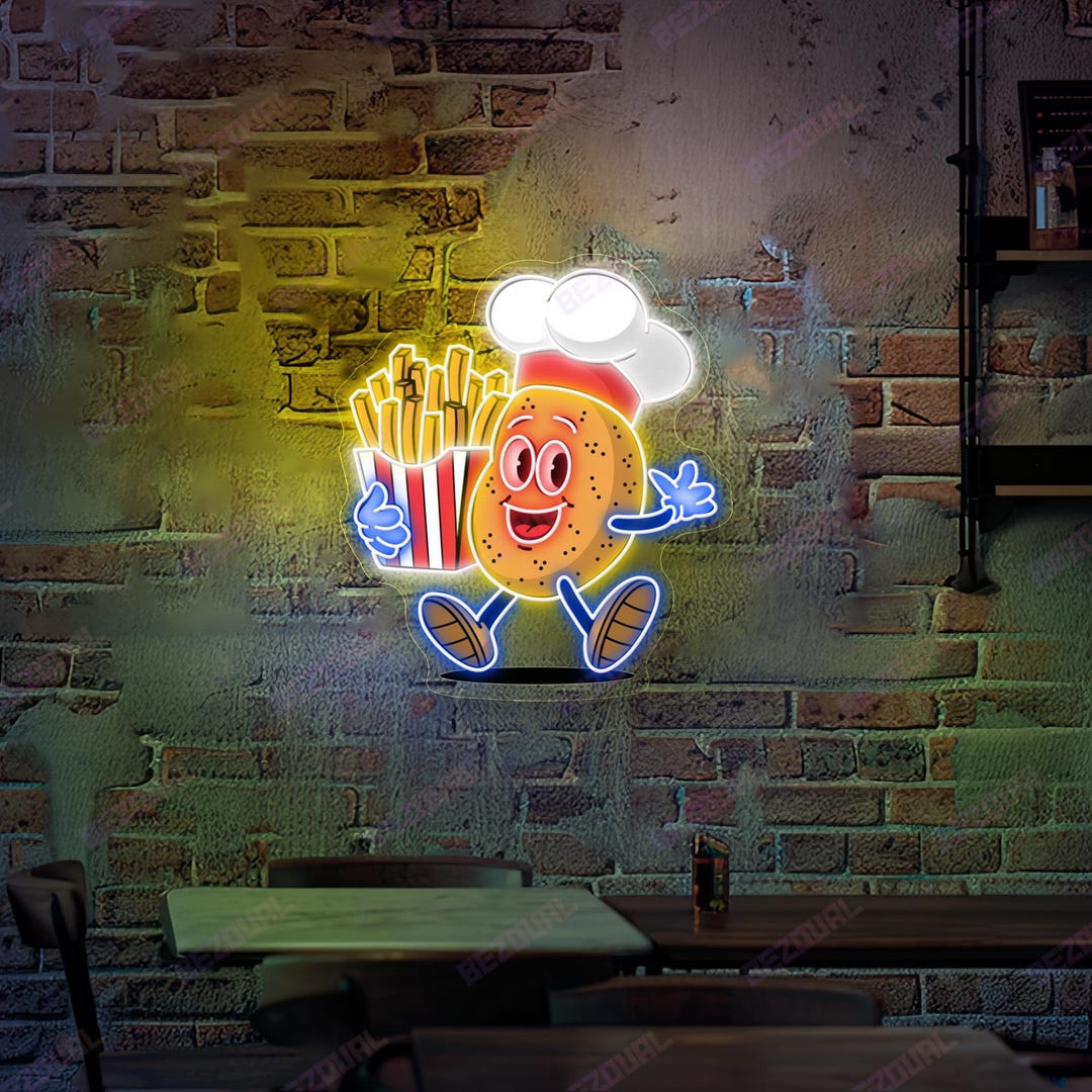 French Fries Neon Sign Potato Chef LED Wall Light Fun Fast Food Neon ...